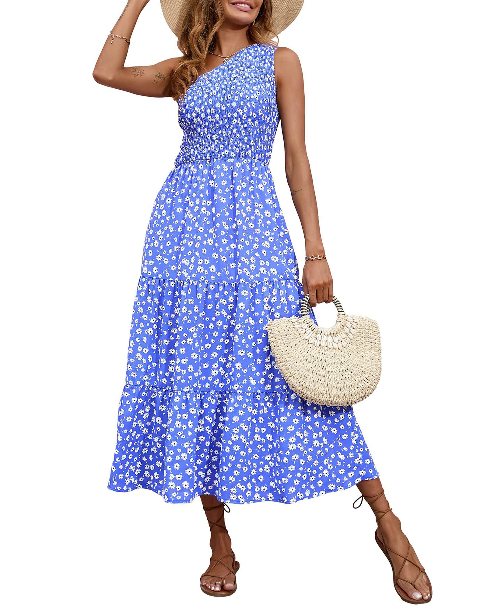 BTFBM Women Sleeveless Casual Dresses Summer Clothes One Shoulder Smocked High Waist Floral Flowy Long Beach Sun Dress(Floral Blue White, Medium)