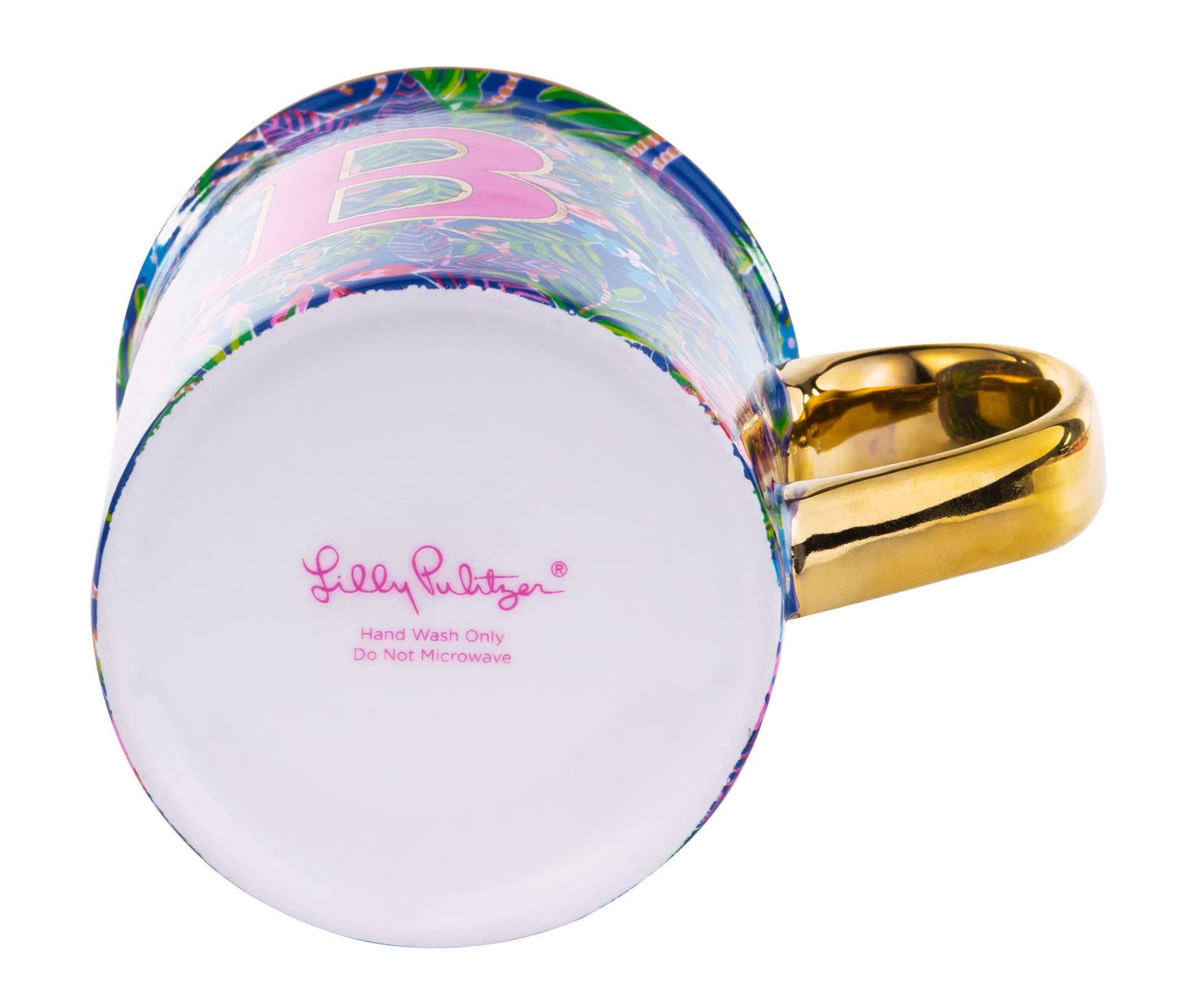 Lilly Pulitzer Initial Ceramic Coffee Mug, 14 Oz Tea Cup, Cute Mug with Gold Handle and Gift Box, L (How You Like Me Prowl)
