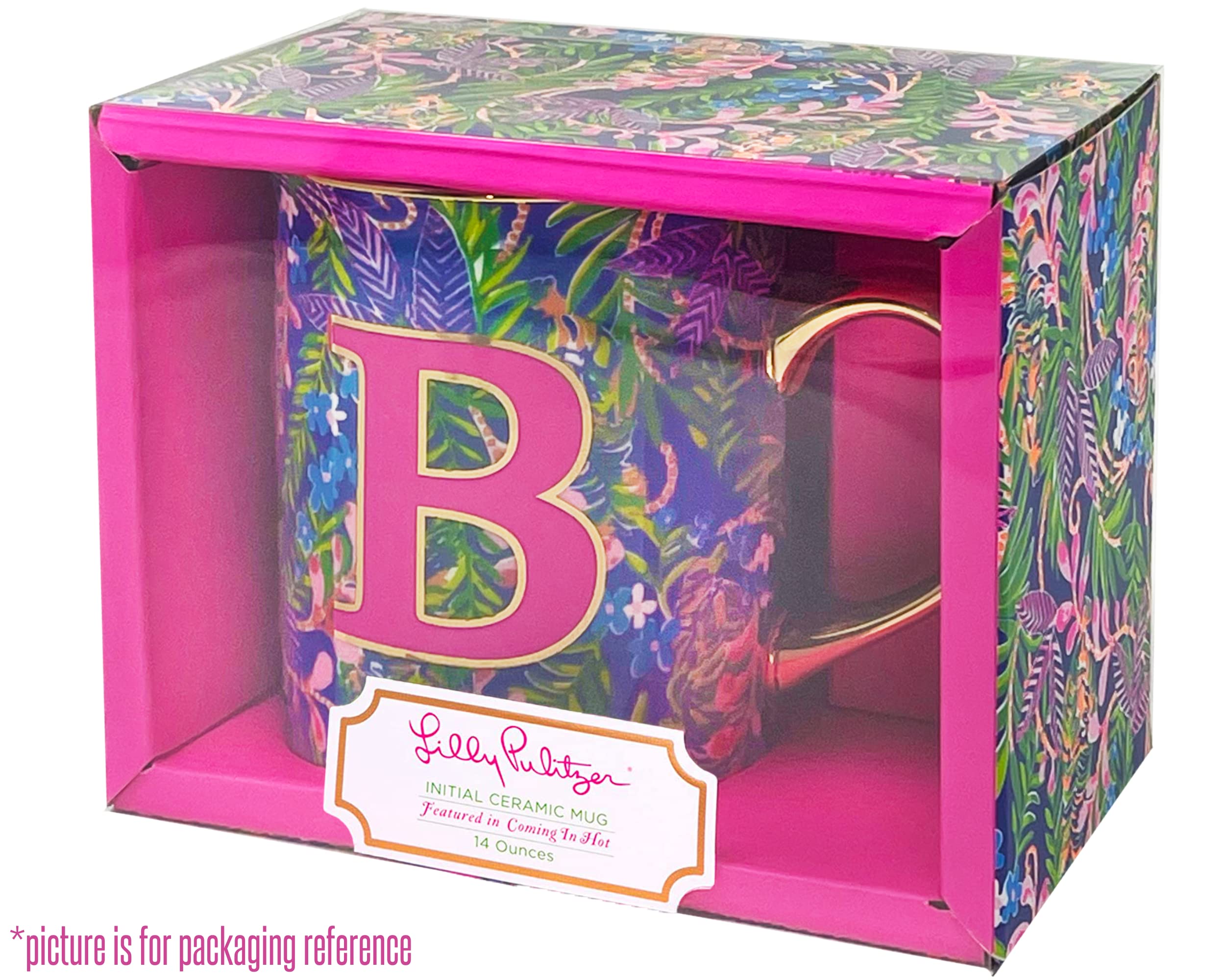 Lilly Pulitzer Initial Ceramic Coffee Mug, 14 Oz Tea Cup, Cute Mug with Gold Handle and Gift Box, L (How You Like Me Prowl)