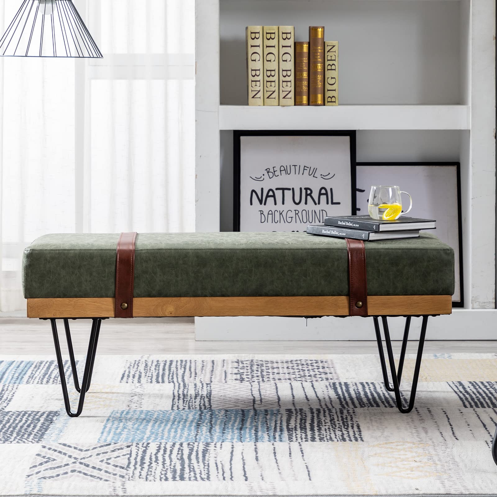 DUOMAY Industrial Modern PU Rectangle Ottoman Bench with PU Strap and Metal Legs, Mid Century Dining Table Bench Footstool Entryway Shoe Bench for Bedroom Dining Room Living Room, Green
