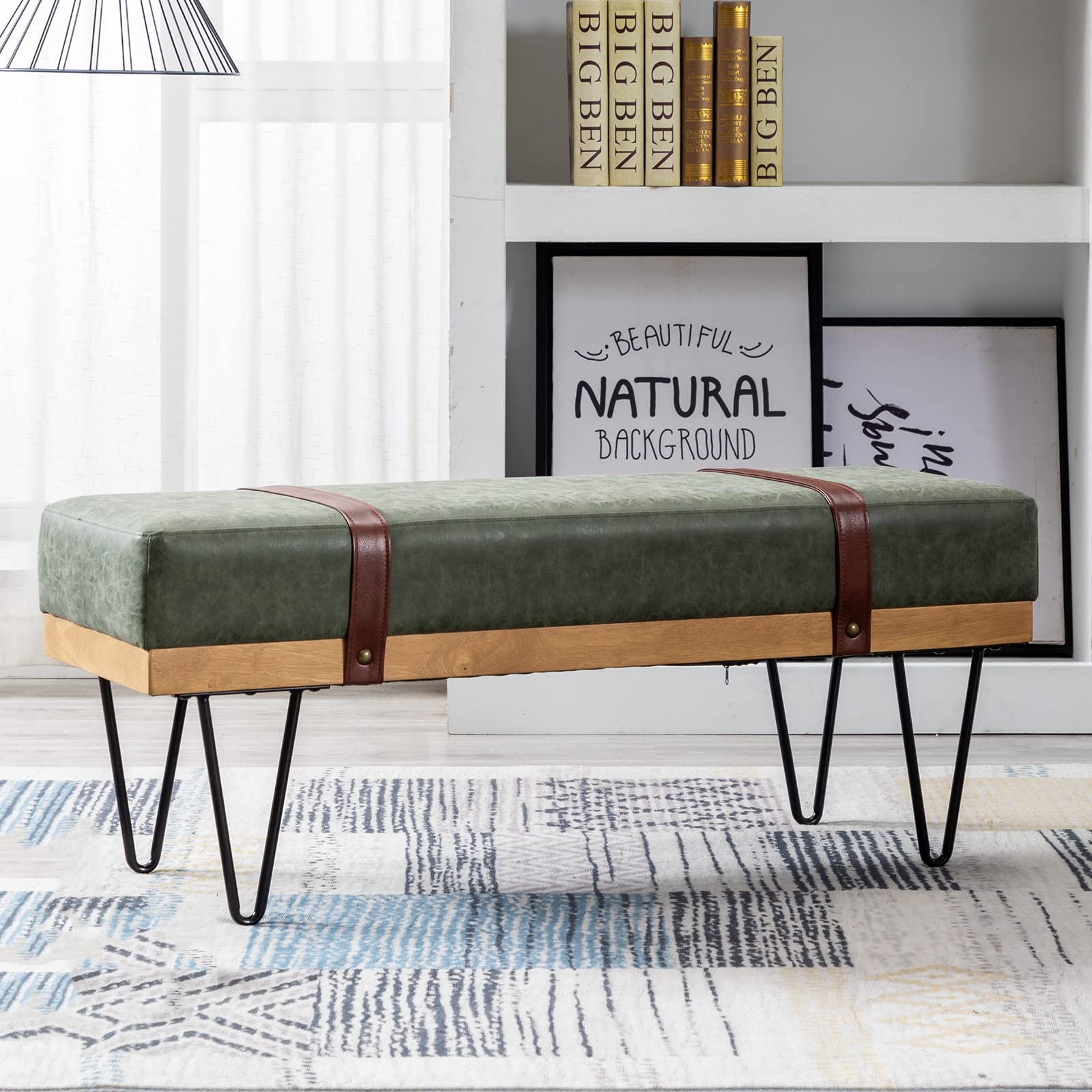DUOMAY Industrial Modern PU Rectangle Ottoman Bench with PU Strap and Metal Legs, Mid Century Dining Table Bench Footstool Entryway Shoe Bench for Bedroom Dining Room Living Room, Green
