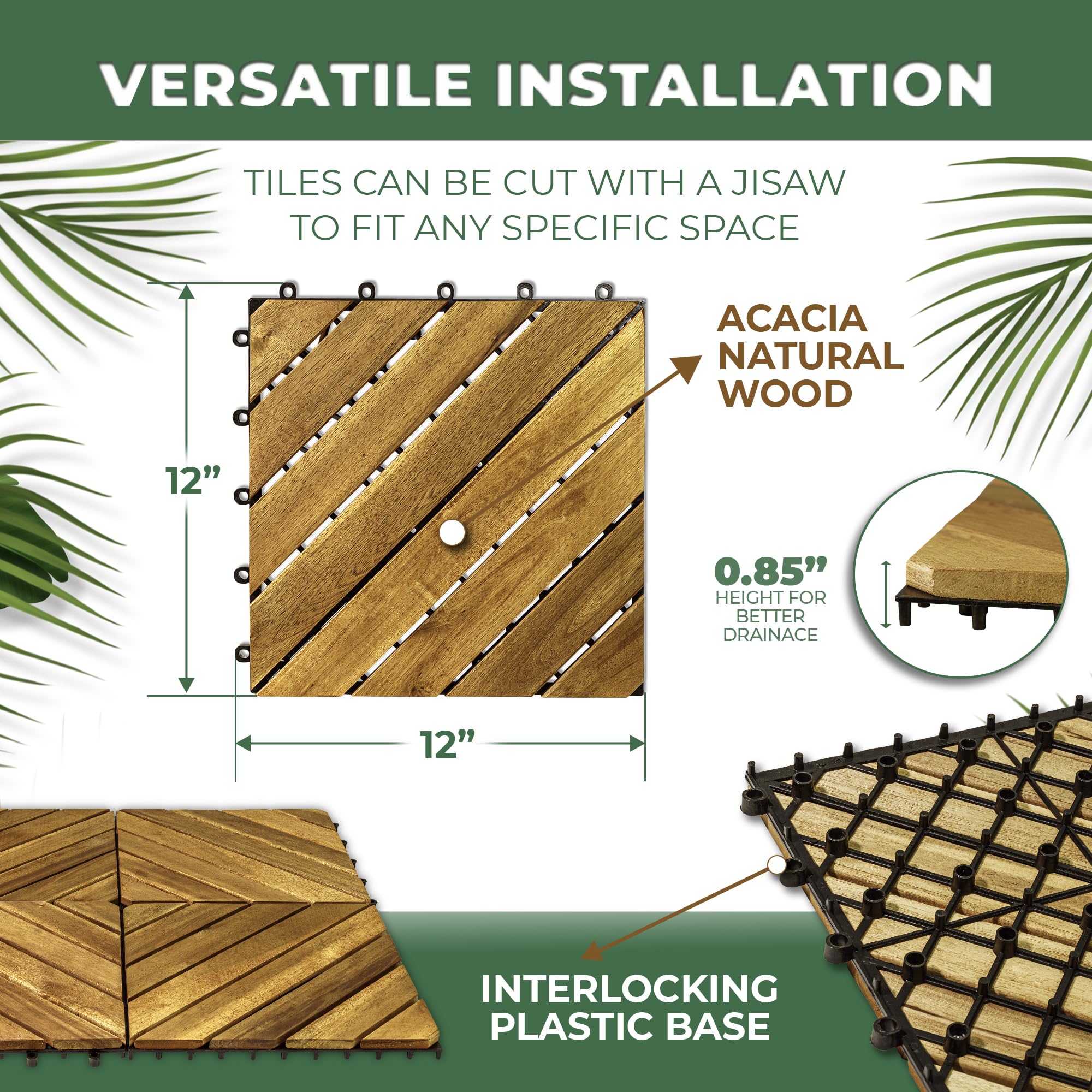 Interlocking Deck Tile (Pack of 10, 12"x12") Acacia Hardwood Deck Tile, Interlocking Patio Tile in Solid Acacia Wooden Oiled Finish Waterproof all Weather Perfect for Indoor Outdoor(Golden Teak Color)