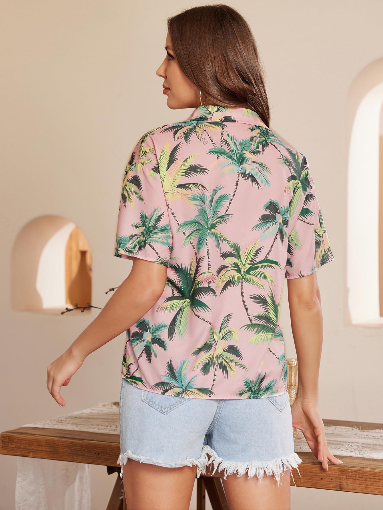 SweatyRocks Women's Short Sleeve Cute Print Button Down Shirt Tops Pink Green M