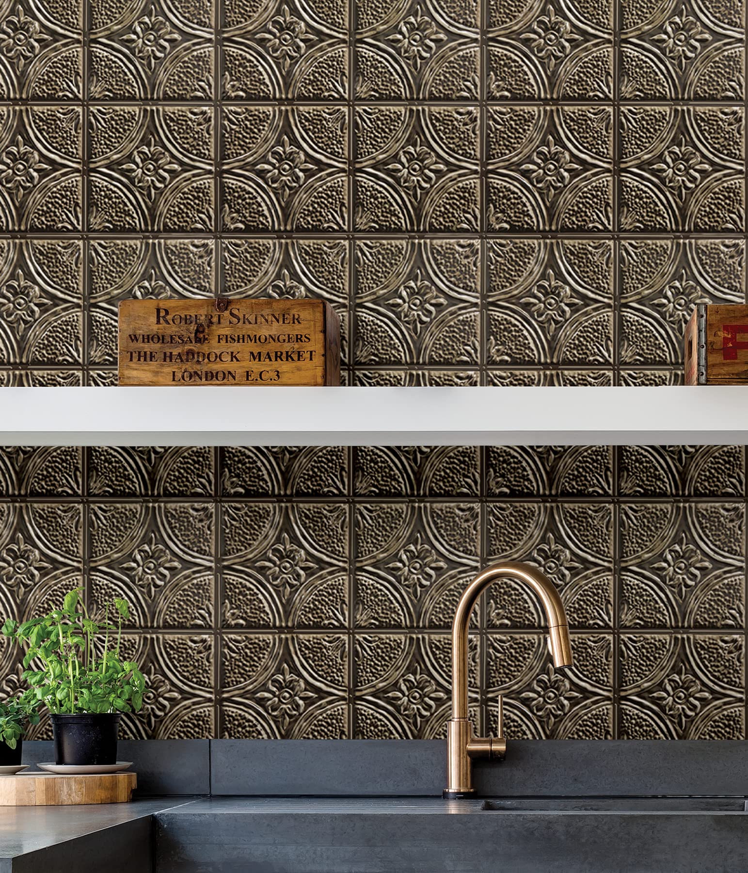 In Home NH4154 Antique Bronze Tin Peel & Stick Backsplash Tiles, Metallic 10 inch x 10 inch