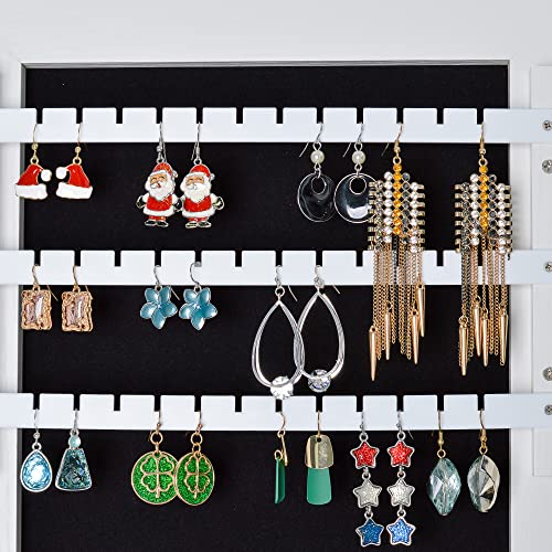 Henf 6 LEDs Mirror Jewelry Armoire Cabinet, Lockable Jewelry Organizer with Full-Length Mirror, Wall/Door Mounted Mirror with Jewelry Storage, Brush Holders,4 Shelves