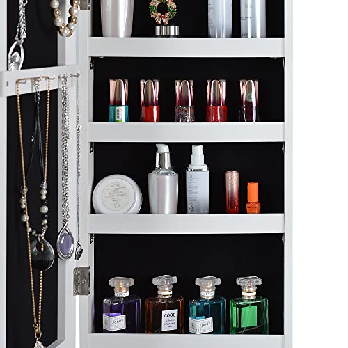 Henf 6 LEDs Mirror Jewelry Armoire Cabinet, Lockable Jewelry Organizer with Full-Length Mirror, Wall/Door Mounted Mirror with Jewelry Storage, Brush Holders,4 Shelves