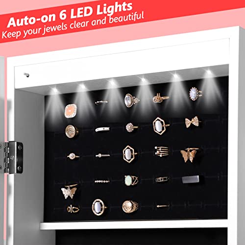 Henf 6 LEDs Mirror Jewelry Armoire Cabinet, Lockable Jewelry Organizer with Full-Length Mirror, Wall/Door Mounted Mirror with Jewelry Storage, Brush Holders,4 Shelves