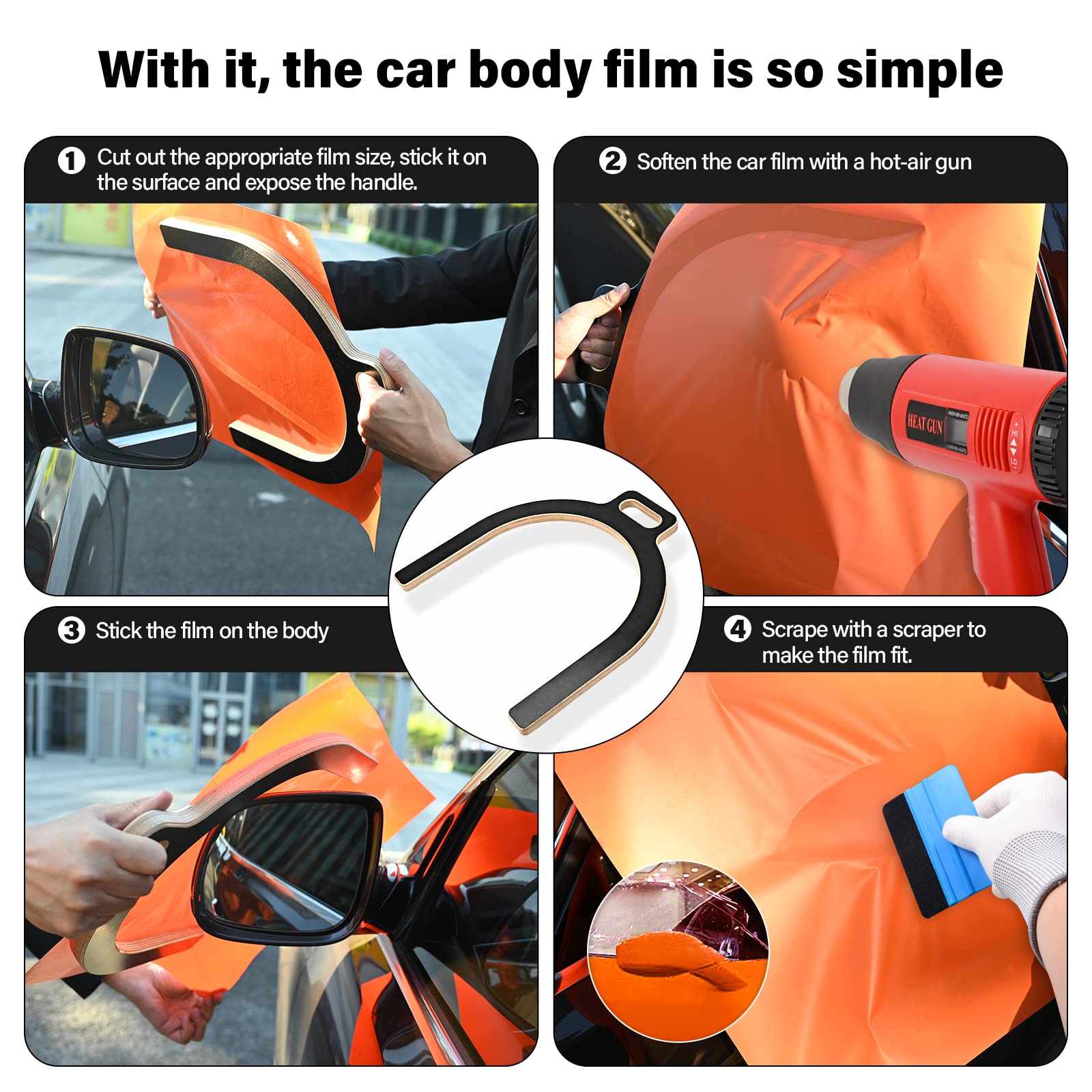 FOSHIO Mirror Wrap Tool Wood 15inch U-Sharp Bumper Car Vinyl Wrap Application Tools Window Tint Kit