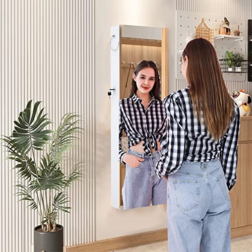Henf 6 LEDs Mirror Jewelry Armoire Cabinet, Lockable Jewelry Organizer with Full-Length Mirror, Wall/Door Mounted Mirror with Jewelry Storage, Brush Holders,4 Shelves