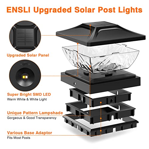 ENSLI Solar Post Lights Outdoor, 2 Mode Bright Solar Post Lights Outdoor Fence Post Cap Lights, Outdoor Post Lights Solar Powered Deck Lights for 4x4 4.5x4.5 5x5 Post, 2 Pack (Black)