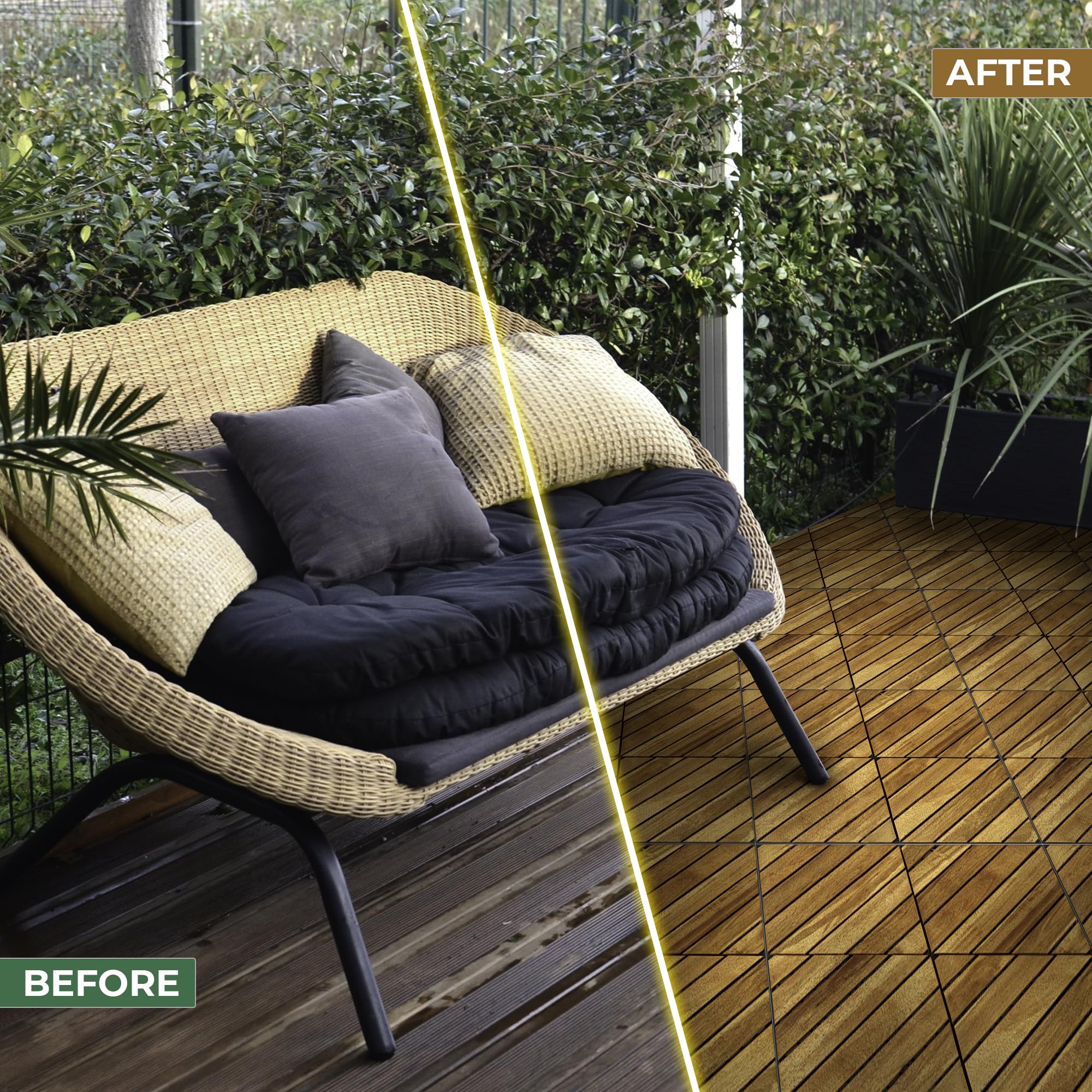 Interlocking Deck Tile (Pack of 10, 12"x12") Acacia Hardwood Deck Tile, Interlocking Patio Tile in Solid Acacia Wooden Oiled Finish Waterproof all Weather Perfect for Indoor Outdoor(Golden Teak Color)