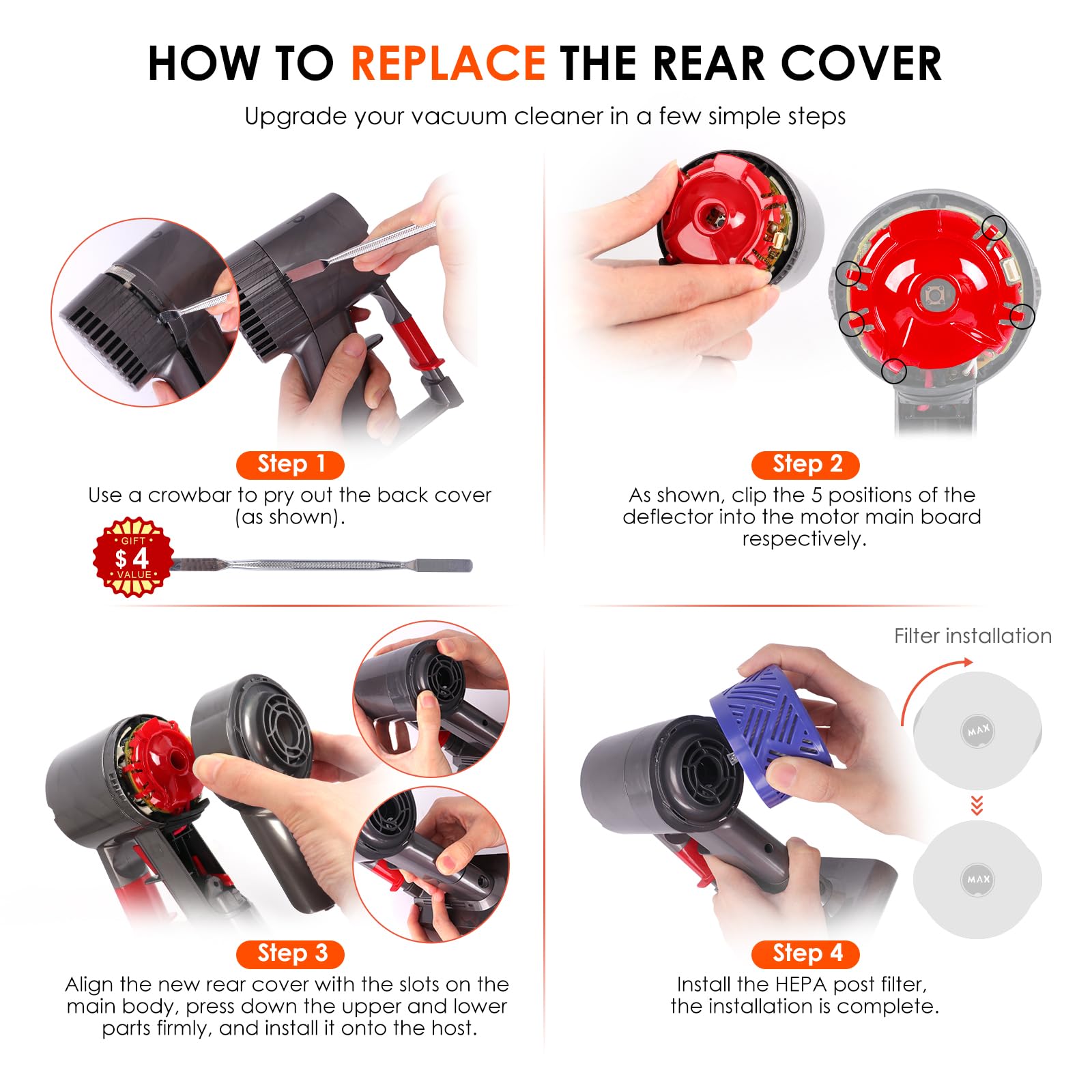 Motor Rear Cover + Pre&Post HEPA Filter Set Compatible with Dyson V6 DC58 DC59 DC62 DC72 DC74 SV03 SV04 SV05 SV06 SV07 SV08 SV09 Vacuum Cleaner Upgrade Filter Replacement Parts