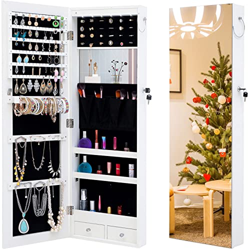 Henf 6 LEDs Mirror Jewelry Armoire Cabinet, Lockable Jewelry Organizer with Full-Length Mirror, Wall/Door Mounted Mirror with Jewelry Storage, Brush Holders,4 Shelves