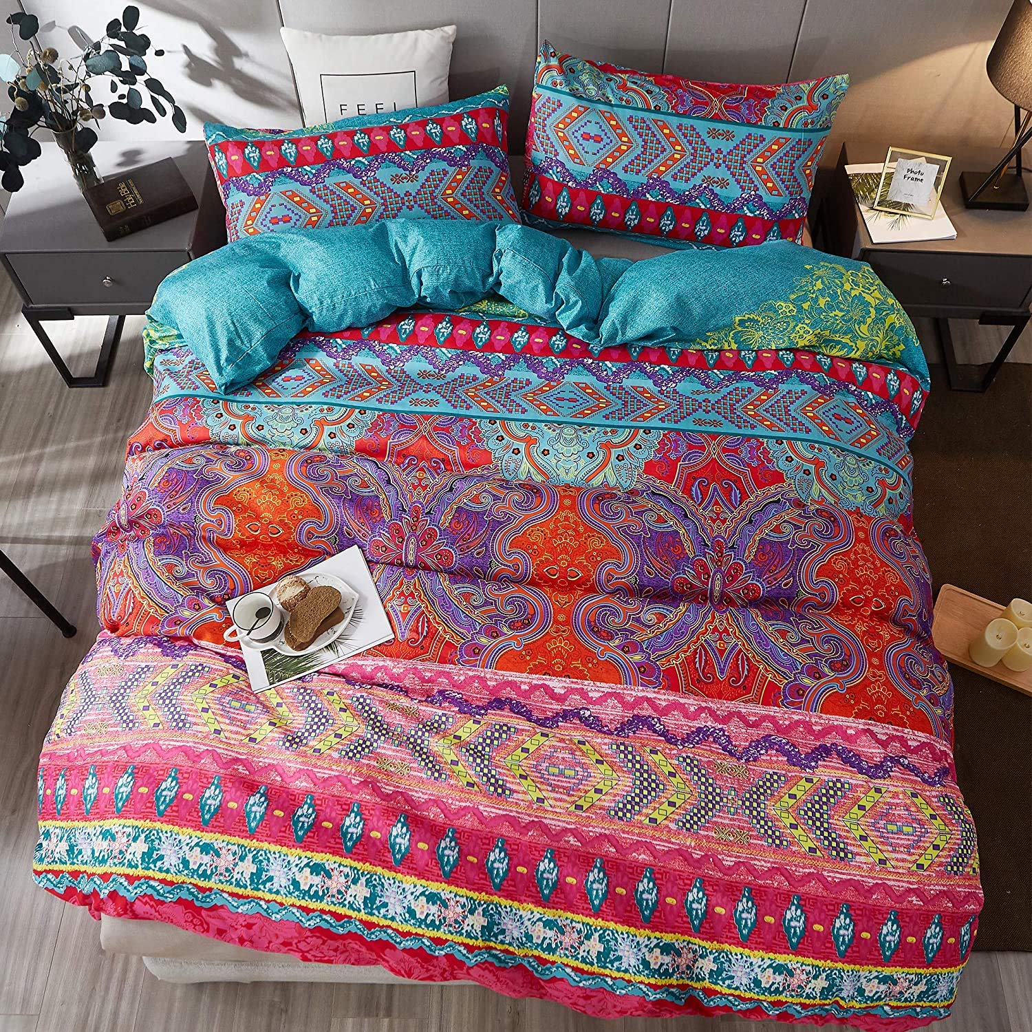 Gafance 3 PCS Indian Style Duvet Cover Queen Set, Exotic Checkered Boho Bedding Set, Soft Comforter Cover with Zipper Closure, Paisley Floral Duvet Cover 90 X 90 inches & 2 Pillow Shams