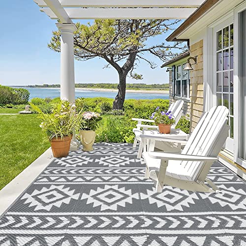 Pauwer Waterproof Outdoor Rug 5x7, Reversible Plastic Straw Patio Camping Rug, Indoor Outdoor RV Mat Carpet for Deck, Camper, Porch, Balcony, Backyard, Picnic, Moro Grey