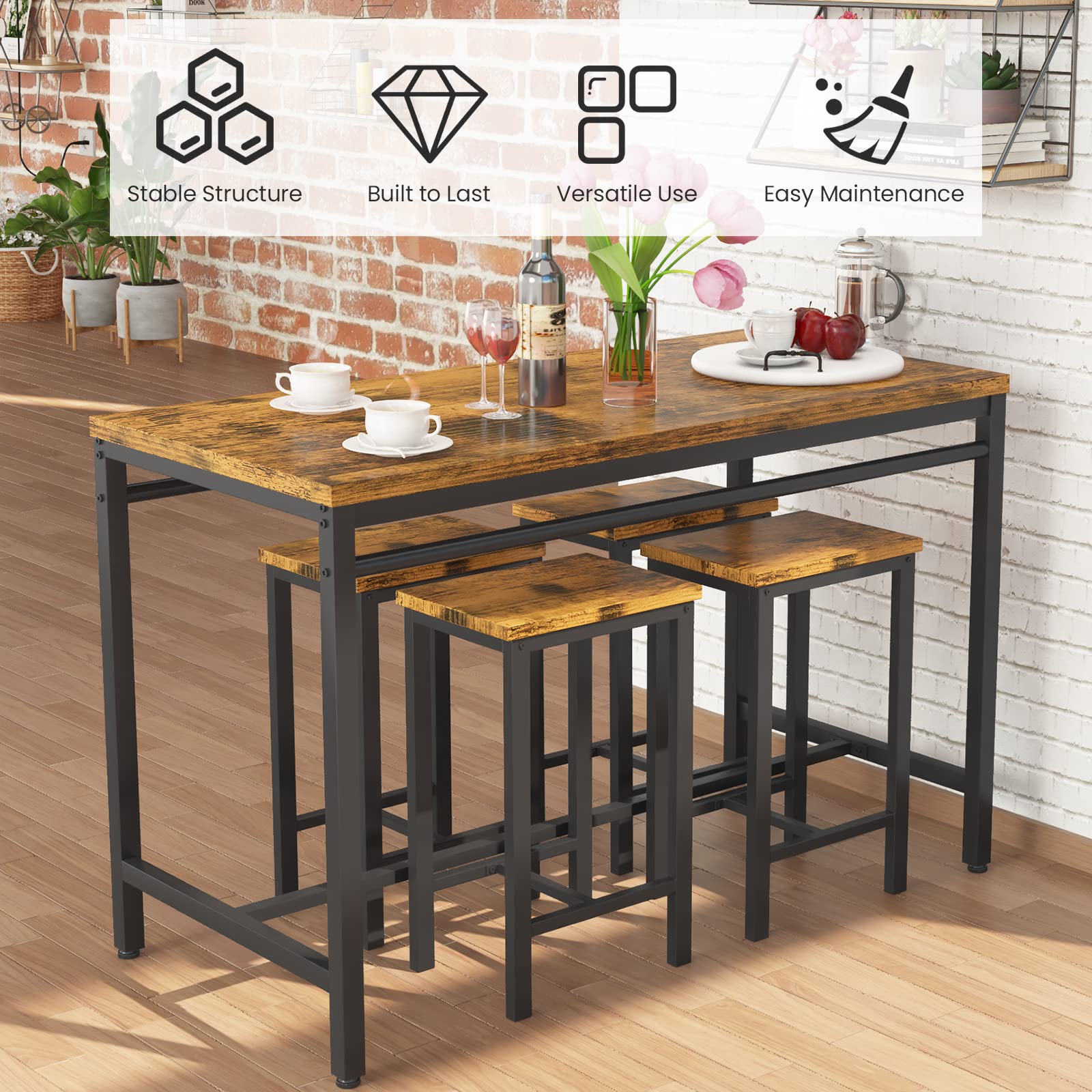 AWQM 5 Piece Bar Table Set, Modern Counter Height Dining Table and Chairs Set for 4, Wood Kitchen Table and 4 Bar Stools for Small Spaces, Apartment, Pub, Dining Room (Rustic Brown)