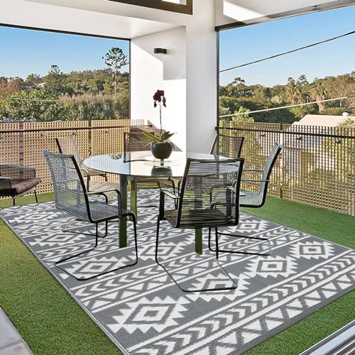 Pauwer Waterproof Outdoor Rug 5x7, Reversible Plastic Straw Patio Camping Rug, Indoor Outdoor RV Mat Carpet for Deck, Camper, Porch, Balcony, Backyard, Picnic, Moro Grey