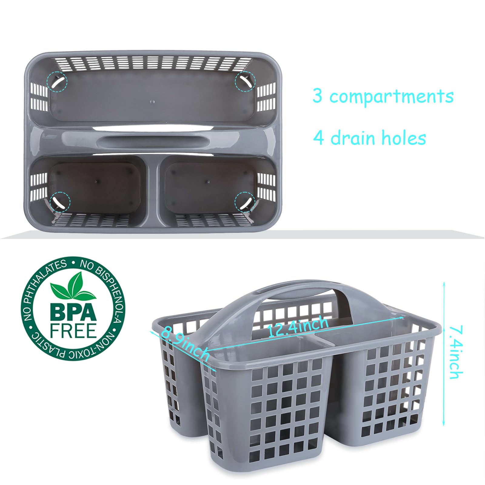 JiatuA Portable Shower Caddy Basket with Compartments Cleaning Supplies Organizer with Handle Plastic Storage Divided Tool Bin for Bathroom, Bedroom, Kitchen, College Dorm, Garden, Under Sink, Grey