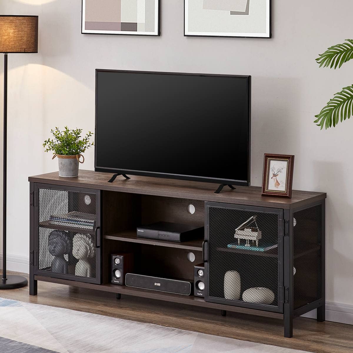 FATORRI Industrial Entertainment Center for TVs up to 55 60 65 Inch, Rustic Wood TV Stand, Large TV Console Cabinet with Doors for Living Room (60 Inch Wide, Walnut Brown)