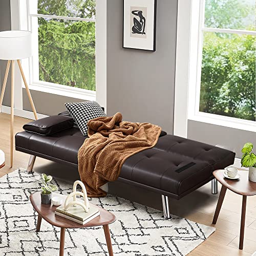 DKLGG Modern Futon Sofa Bed, Faux Leather Upholstered Sofa Couch, Convertible Sleeper Sofa with Removable Armrests 2 Cup Holders Couch Sofa Sleeper for Small Space, Home, Living Room, Apartment