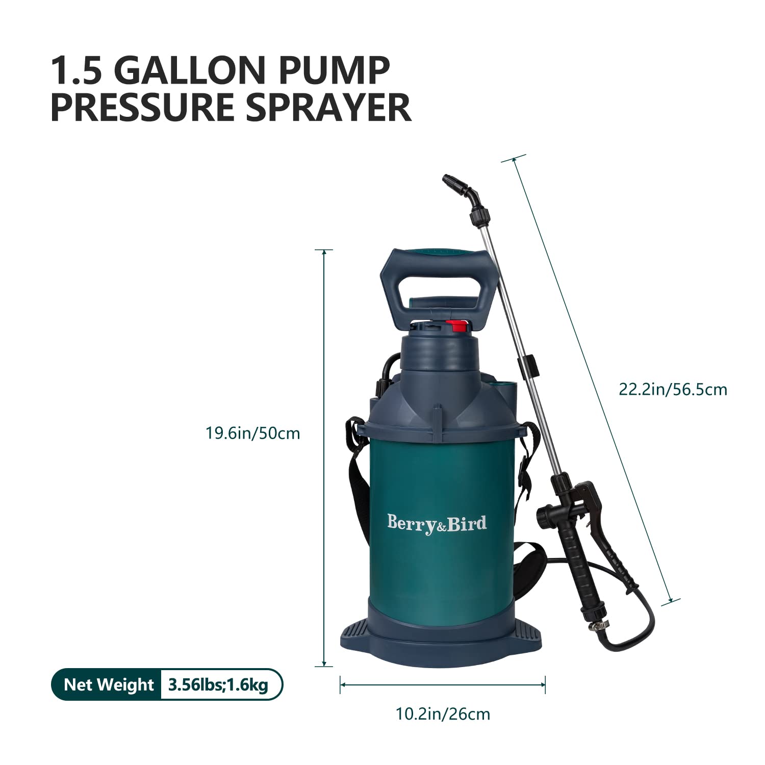 Berry&Bird 1.5 Gallon Green Polyethylene Garden Pump Sprayer, Compact, Ergonomic, Adjustable Nozzle, Shoulder Strap, Safety Valve, Multi-Purpose Lawn & Garden Sprayer