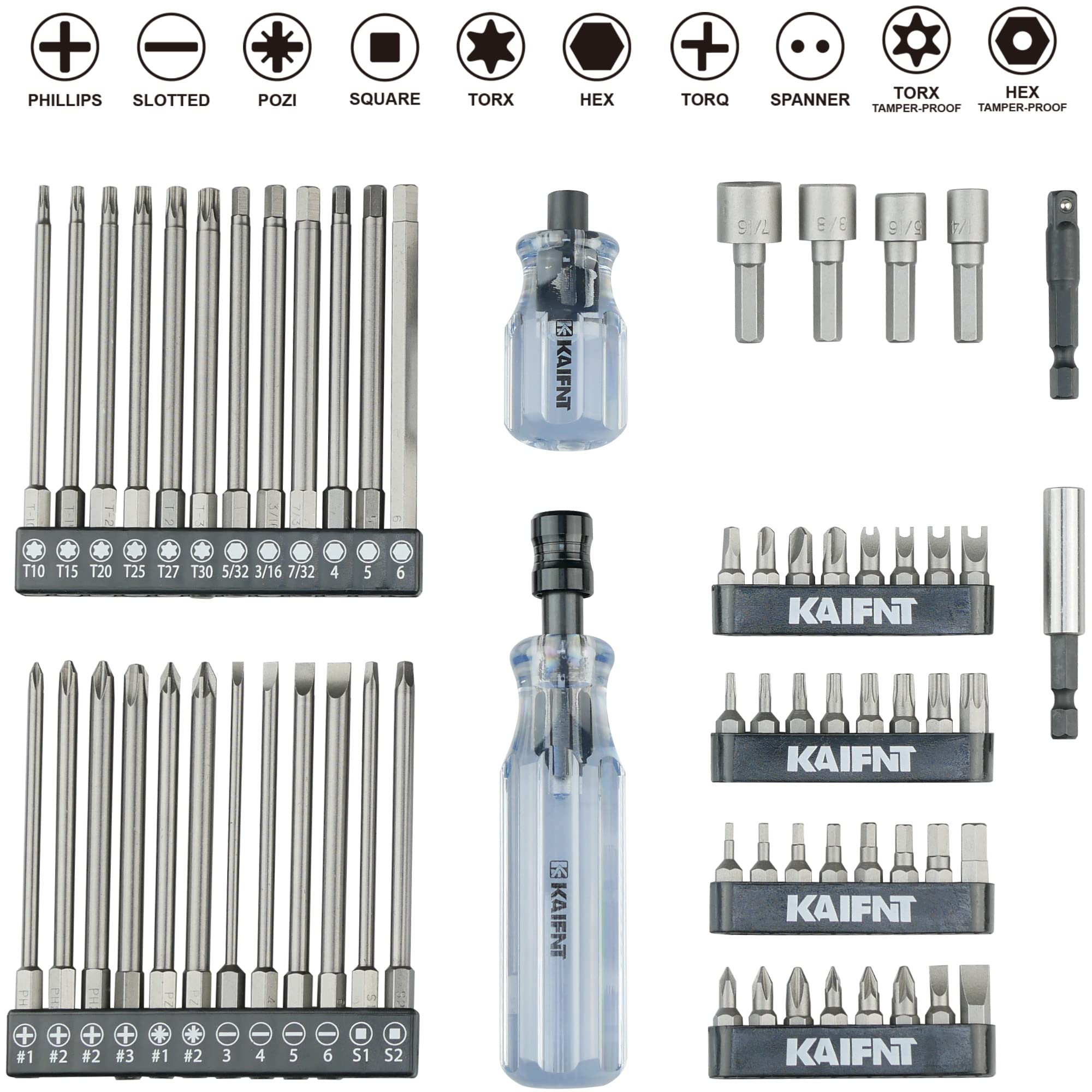 KAIFNT K460 Professional Screwdriver Bit Set with Acetate Handles, 4-inch Power Bits, Quick Change Hand Driver, 60-Piece