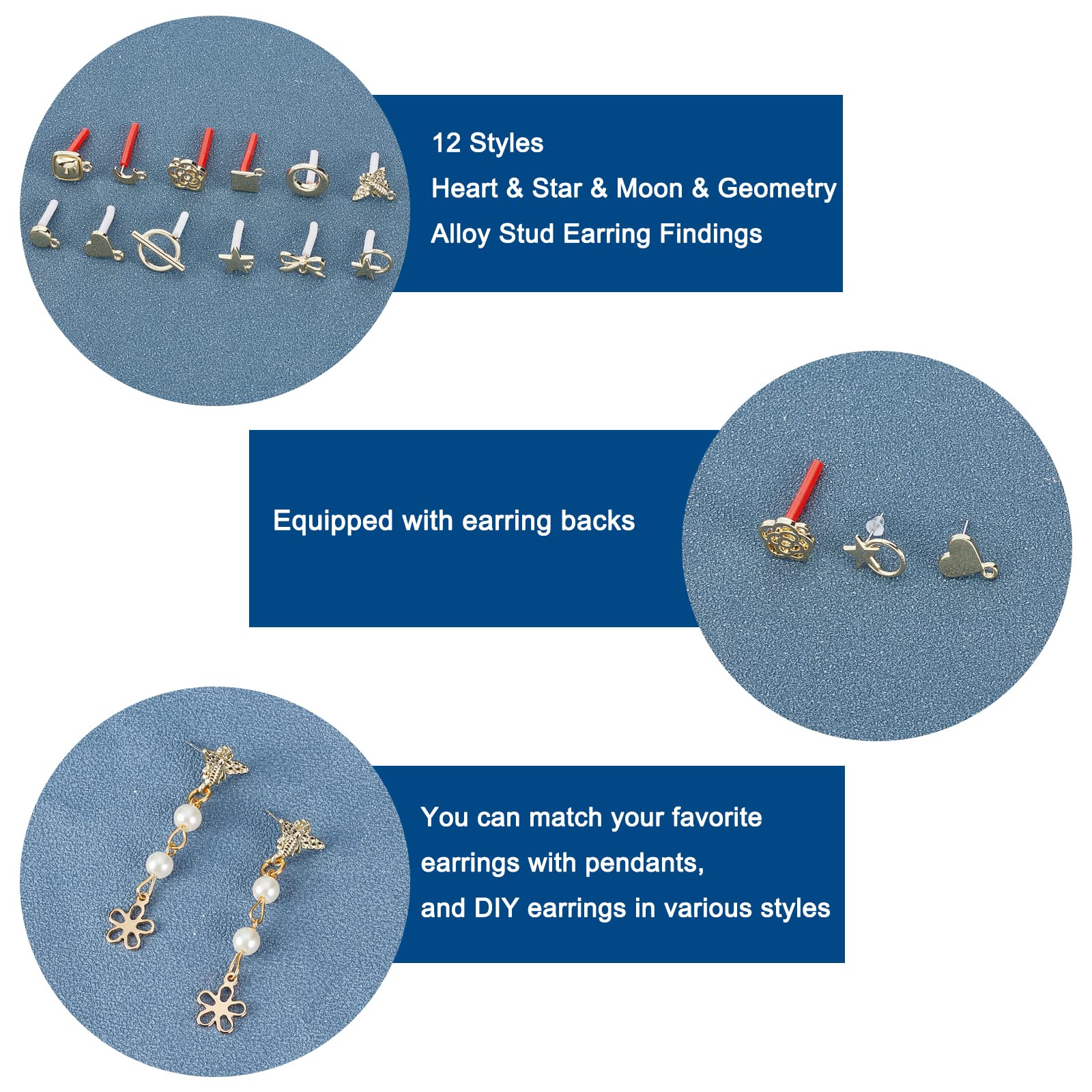 PH PandaHall 96pcs Earring Studs Backs 48pcs 12 Styles Golden Earring Posts Heart Moon Star Rhombus Pad Base with Loops Steel Pin and 48pcs Plastic Earring Backs for DIY Earring Making and Repairing