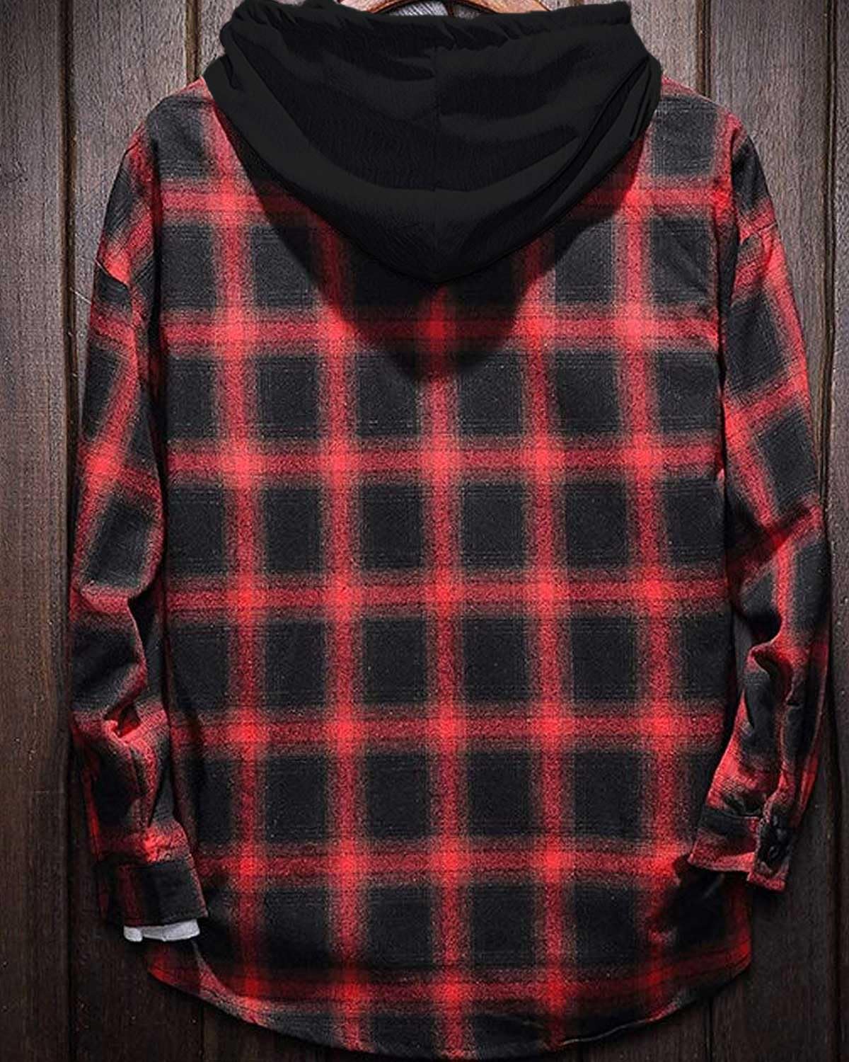 Mens Hooded Flannel Plaid Button Shirt Lightweight Long Sleeve Shirt Jackets with Hood Red Black
