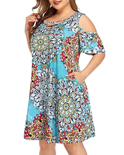Sun Dresses Women Summer Plus Size Cold Shoulder Beach Swim Cover Up Tshirt Casual Hawaiian Tank Floral Sundress Pockets