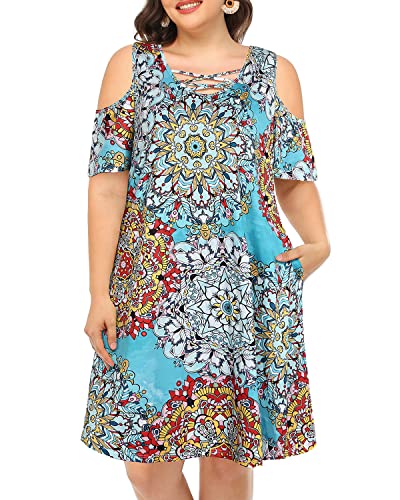 Sun Dresses Women Summer Plus Size Cold Shoulder Beach Swim Cover Up Tshirt Casual Hawaiian Tank Floral Sundress Pockets