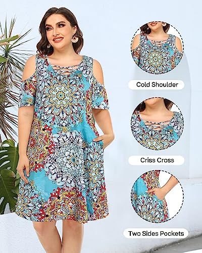 Sun Dresses Women Summer Plus Size Cold Shoulder Beach Swim Cover Up Tshirt Casual Hawaiian Tank Floral Sundress Pockets