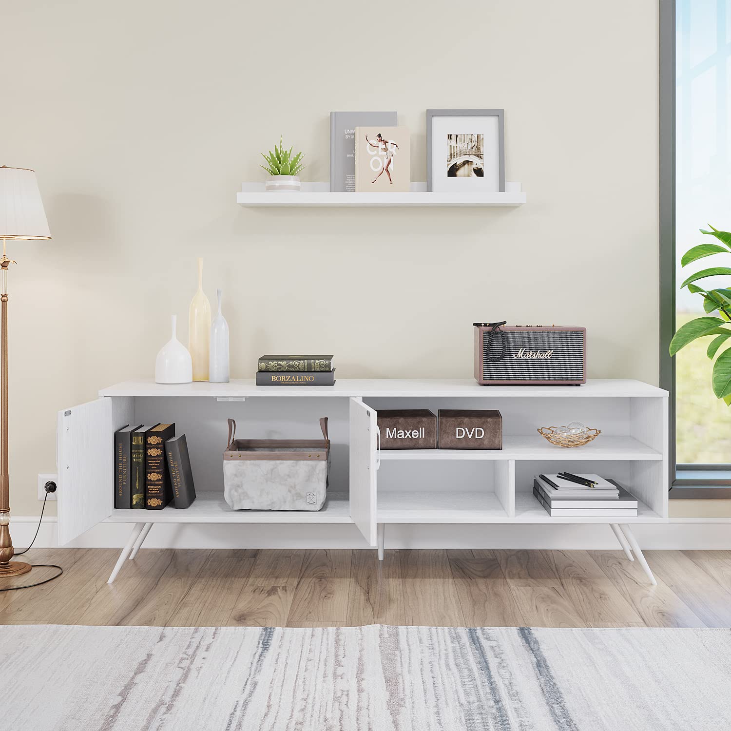 Panana 62.99" TV Stand Television Stands TV Console Unit with 3 Open Cubby and 2 Doors for Living Room Bedroom for TVs up to 70 Inches, White