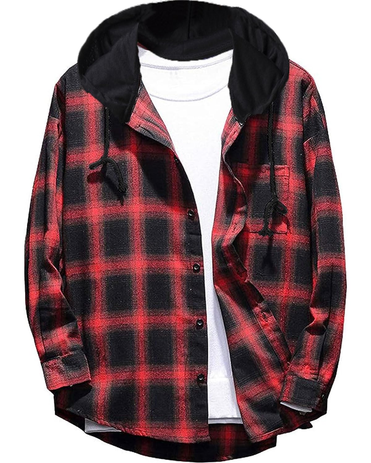 Mens Hooded Flannel Plaid Button Shirt Lightweight Long Sleeve Shirt Jackets with Hood Red Black