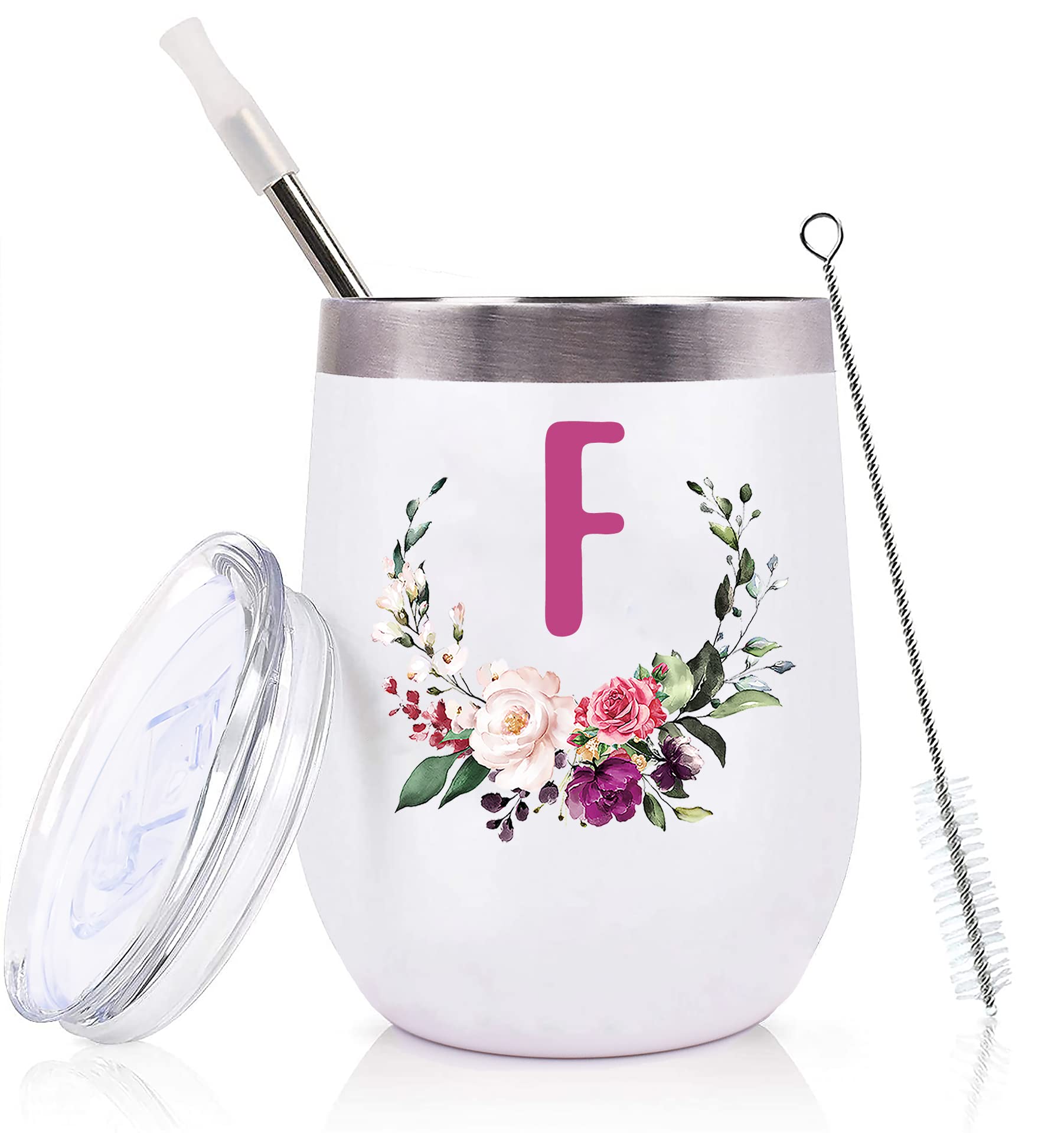 Women Birthday Christmas Gift-Wedding Present for Maid of Honor From Bride-Bridal Shower Gift for Bridesmaid Best Sister-Bachelorette Present-12oz Monogrammed Tumbler Wine Coffee Mug-Initial Letter F