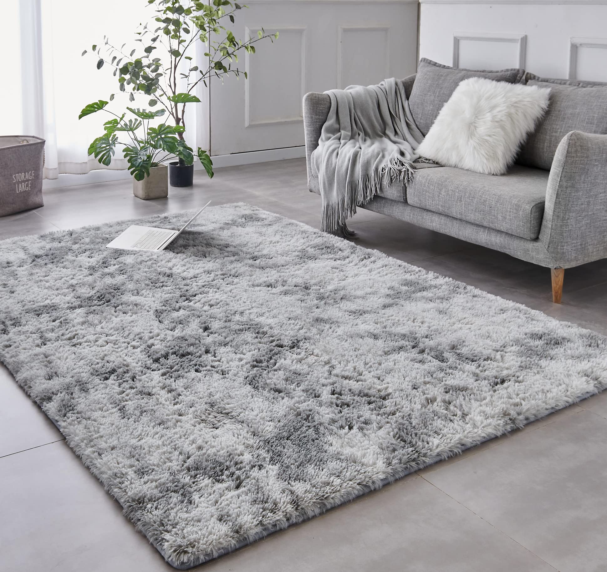 TABAYON Luxury 6x9 Modern Indoor Home Living Room Area Rugs, Anti-Skid Soft Fluffy Shag Fur Bedroom Rugs for Home Decor Tie-Dyed Light Grey