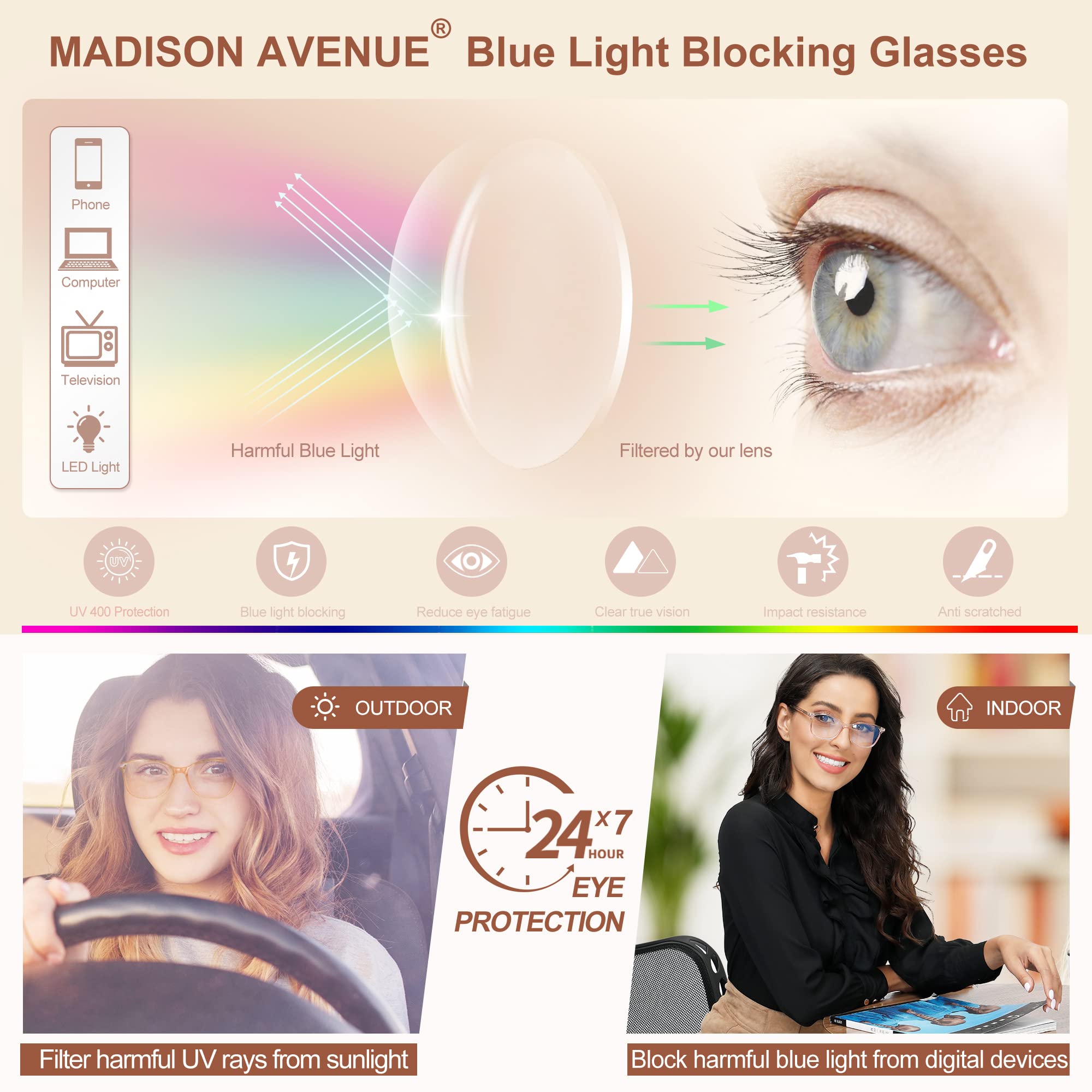 Madison Avenue Blue Light Blocking Glasses Anti Eyestrain UV Glare Blue Light Glasses for Women TV Phone Computer Gaming Eyeglasses (Demi)