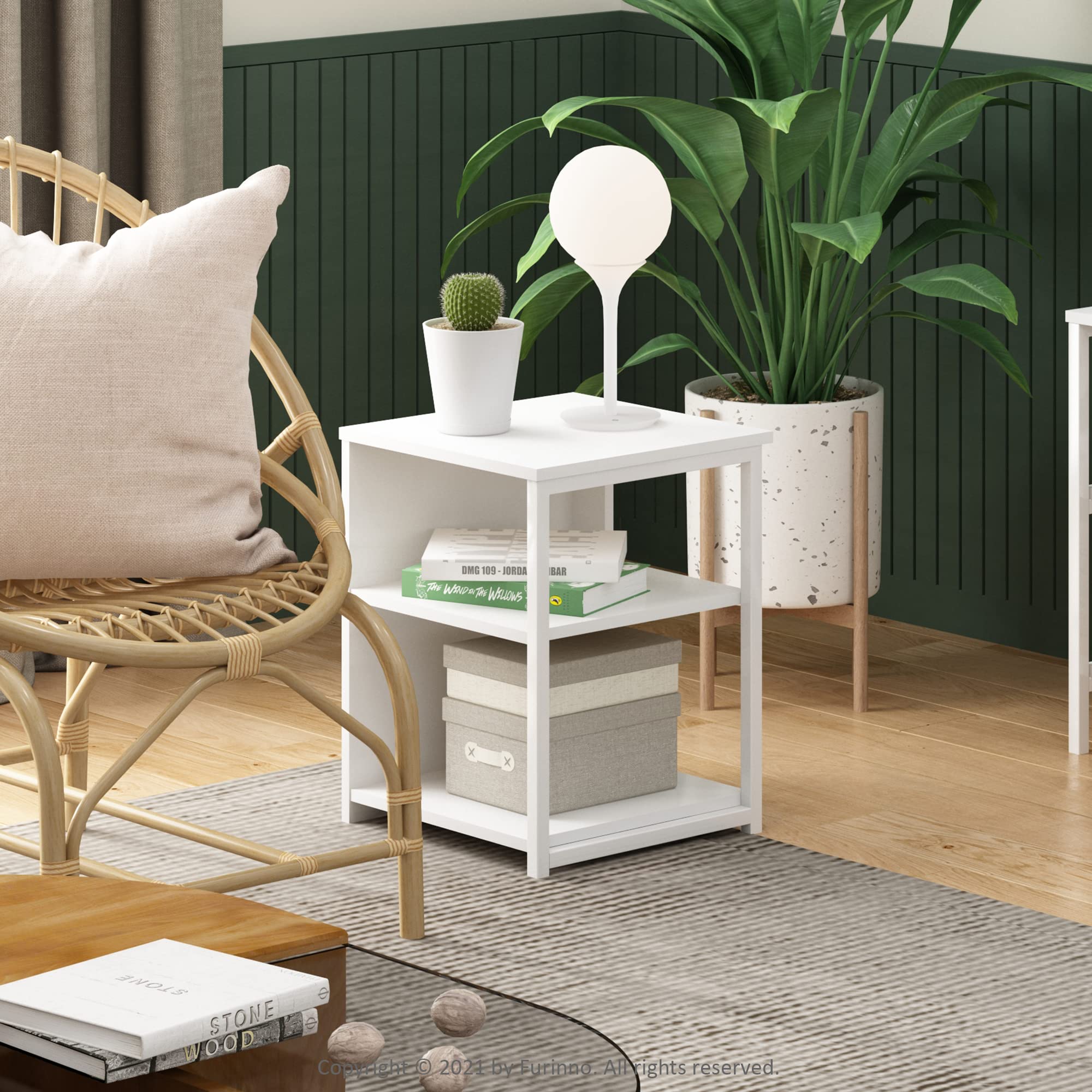 Furinno Camnus Modern Living End Sofa Side Table/Nightstand with Metal Frame Support, Solid White/White