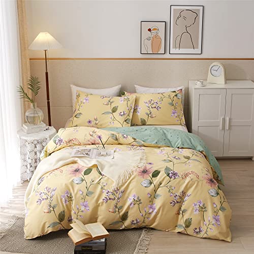 PinkMemory Queen Duvet Cover Yellow Garden Floral 100% Cotton,Reversible Yellow and Green Flower Pattern Bedding Duvet Cover Set Full Queen with Pillowcases Soft Durable Zipper-No Comforter Insert