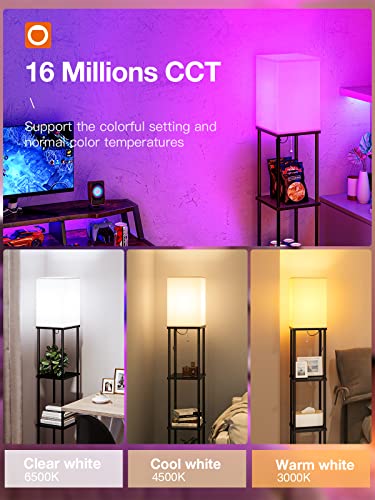 addlon Smart Modern Shelf Floor Lamp with RGB Bulb and White Lamp Shade - Display Floor Lamps with Shelves for Living Room, Bedroom and Office - Classic Black