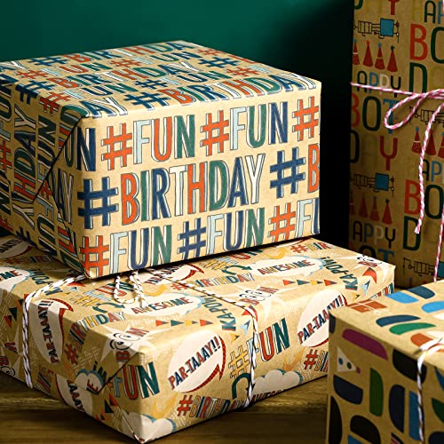 RUSPEPA Kraft Wrapping Paper Sheet - Football and Birthday Printed, Great for Boys, Baby Shower, Holiday - 12 Sheets Packed as 2 rolls - 17.5 x 30 Inch per sheet