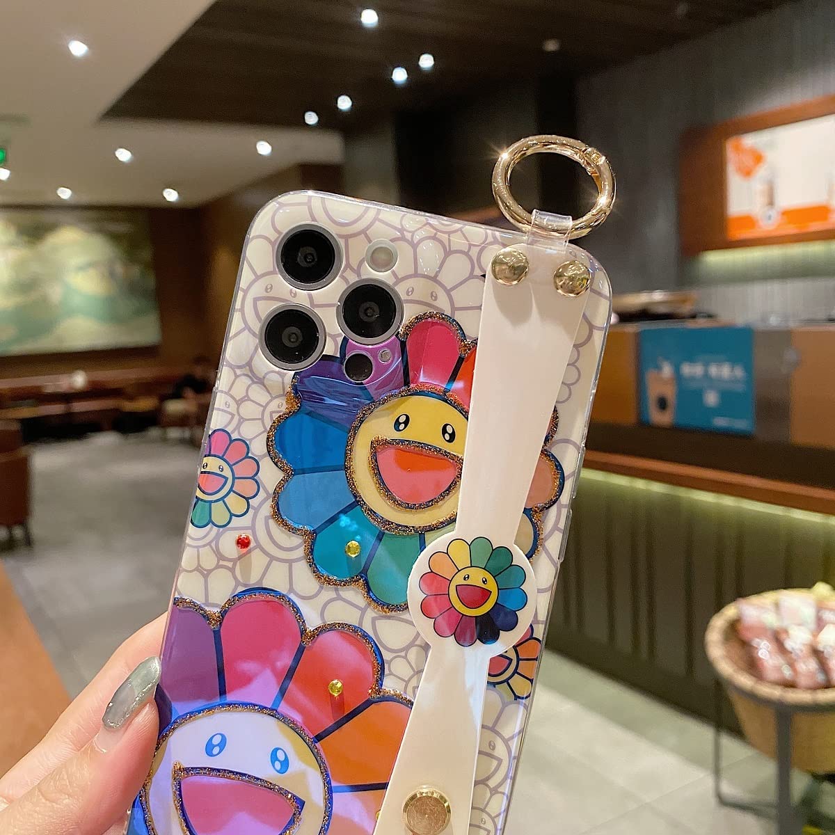 Lastma for iPhone 13 Pro Max Case Cute with Wrist Strap Kickstand Glitter Bling Cartoon IMD Soft TPU Shockproof Protective Cases Cover for Girls and Women - Sunflower