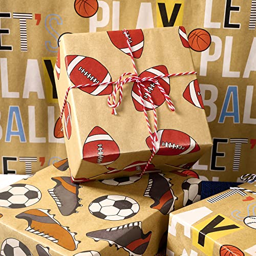RUSPEPA Kraft Wrapping Paper Sheet - Football and Birthday Printed, Great for Boys, Baby Shower, Holiday - 12 Sheets Packed as 2 rolls - 17.5 x 30 Inch per sheet