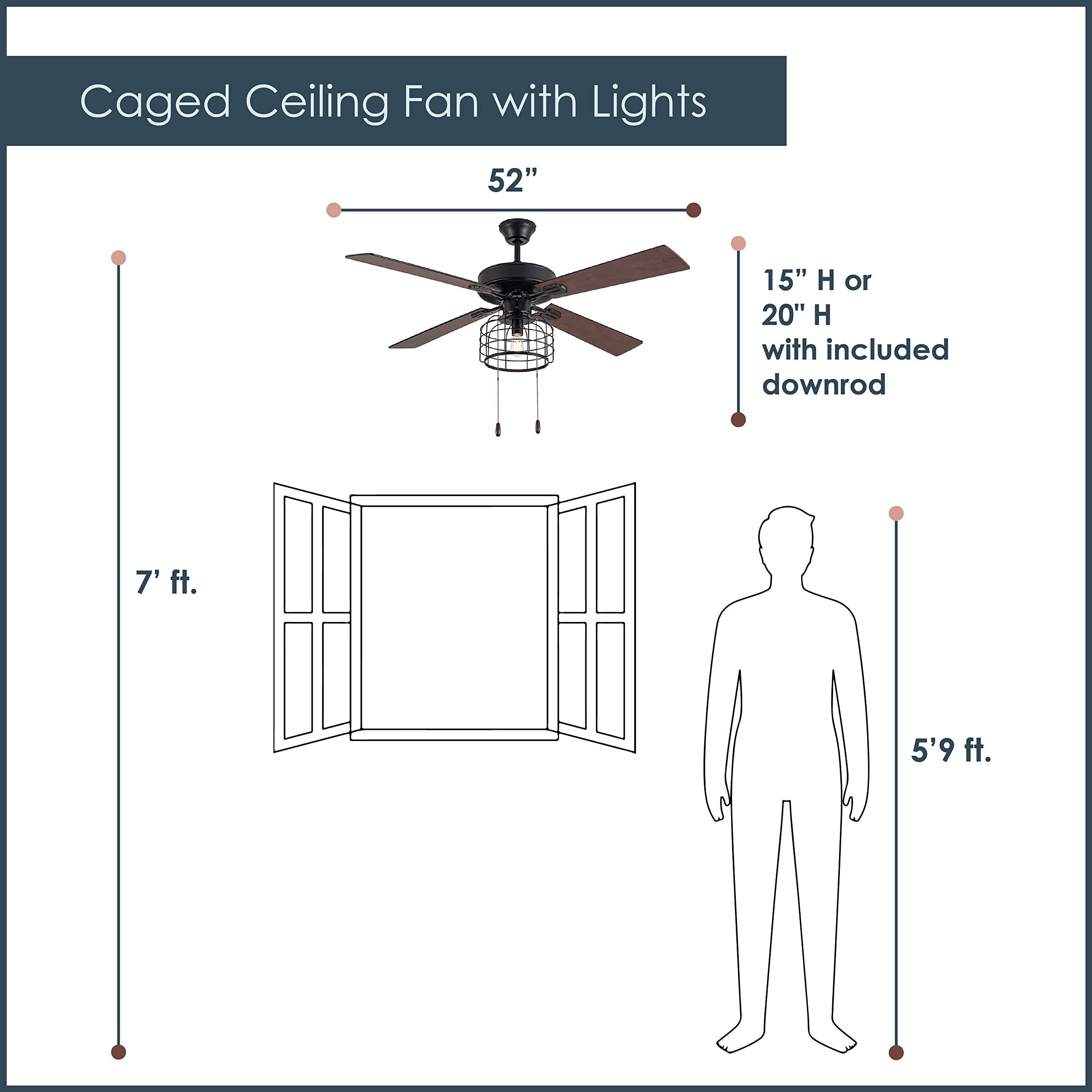 RIVER OF GOODS Industrial LED Ceiling Fan - 52" L x 52" W - Caged Ceiling Fan with Lights - Rich Barnwood/Black Fan Blades