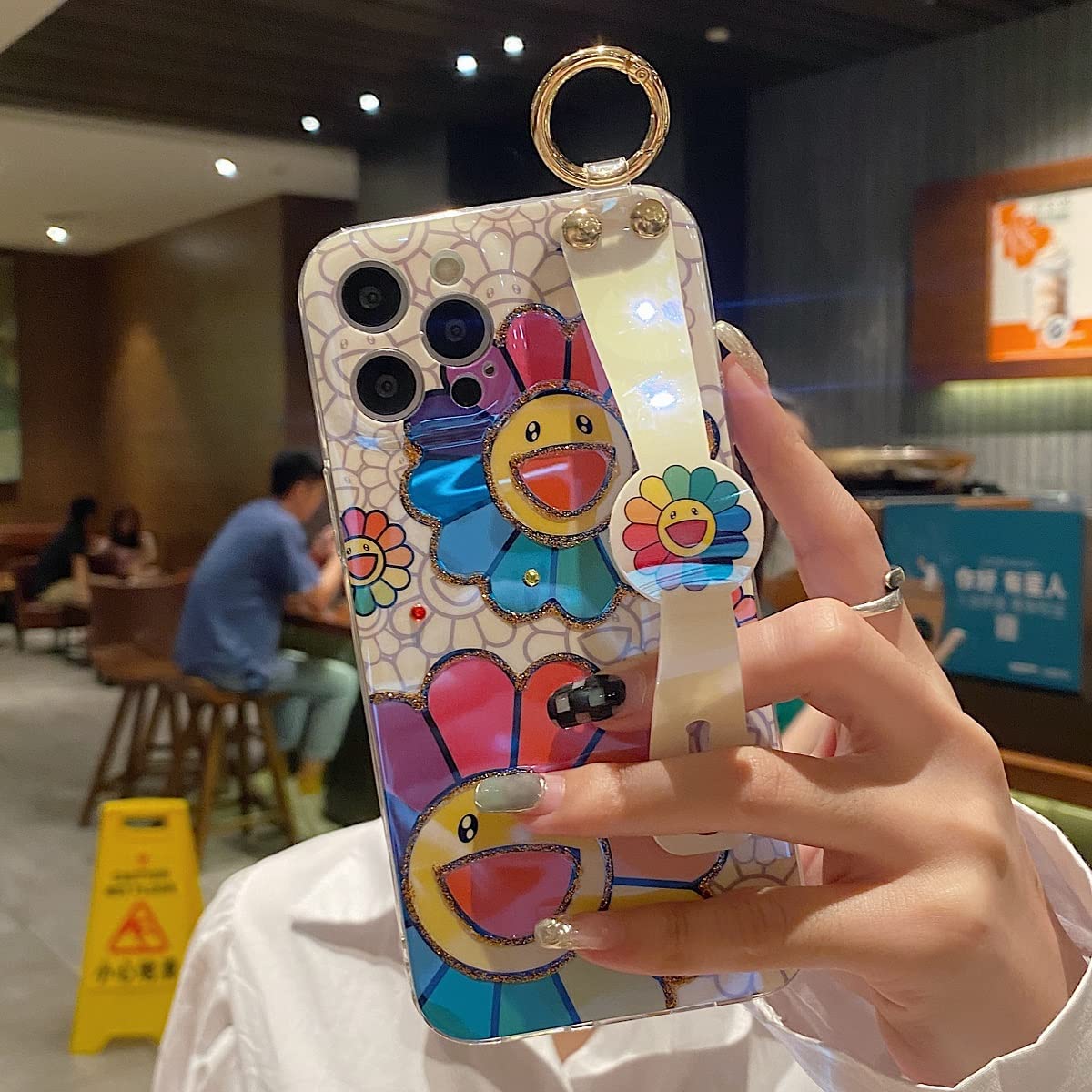 Lastma for iPhone 13 Pro Max Case Cute with Wrist Strap Kickstand Glitter Bling Cartoon IMD Soft TPU Shockproof Protective Cases Cover for Girls and Women - Sunflower