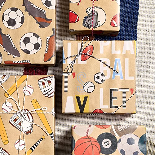 RUSPEPA Kraft Wrapping Paper Sheet - Football and Birthday Printed, Great for Boys, Baby Shower, Holiday - 12 Sheets Packed as 2 rolls - 17.5 x 30 Inch per sheet