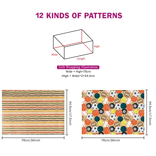 RUSPEPA Kraft Wrapping Paper Sheet - Football and Birthday Printed, Great for Boys, Baby Shower, Holiday - 12 Sheets Packed as 2 rolls - 17.5 x 30 Inch per sheet