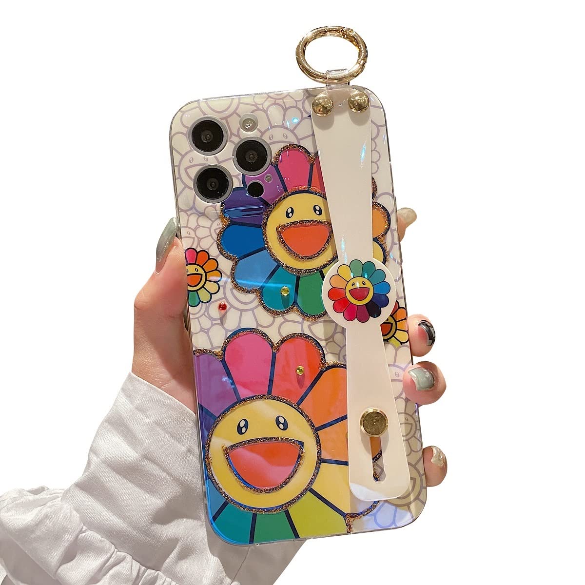 Lastma for iPhone 13 Pro Max Case Cute with Wrist Strap Kickstand Glitter Bling Cartoon IMD Soft TPU Shockproof Protective Cases Cover for Girls and Women - Sunflower