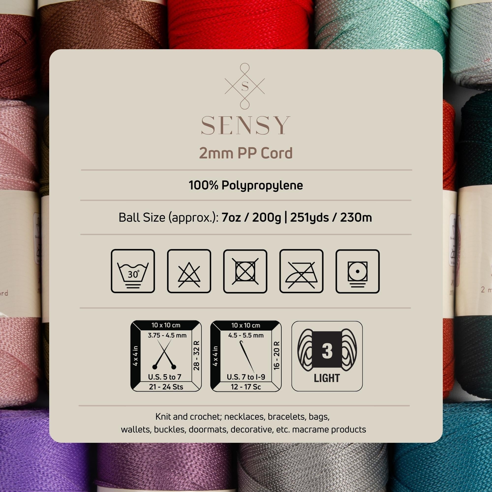 Sensy Premium 2mm 251 Yards Polyester Rope 100% Polypropylene Cord Macrame Cord 2mm Crochet Bag Cord Macrame Rope Crochet Thread Gift for Knitter (Mink)