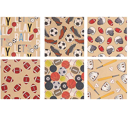 RUSPEPA Kraft Wrapping Paper Sheet - Football and Birthday Printed, Great for Boys, Baby Shower, Holiday - 12 Sheets Packed as 2 rolls - 17.5 x 30 Inch per sheet