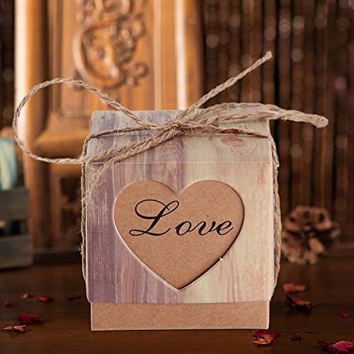 VGOODALL Rustic Candy Boxes,50pcs Wedding Favor Boxes,Love Kraft Bonbonniere Paper Gift Boxes with Burlap Jute Twine for Bridal Shower Wedding Birthday Party Rustic Wedding Christmas Decorations